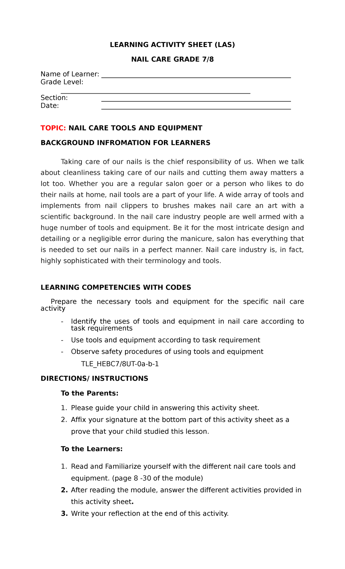 Learning Activity Sheet: Nail Care for Grade 7 (TLE_HEBC7/8UT-0a-b ...