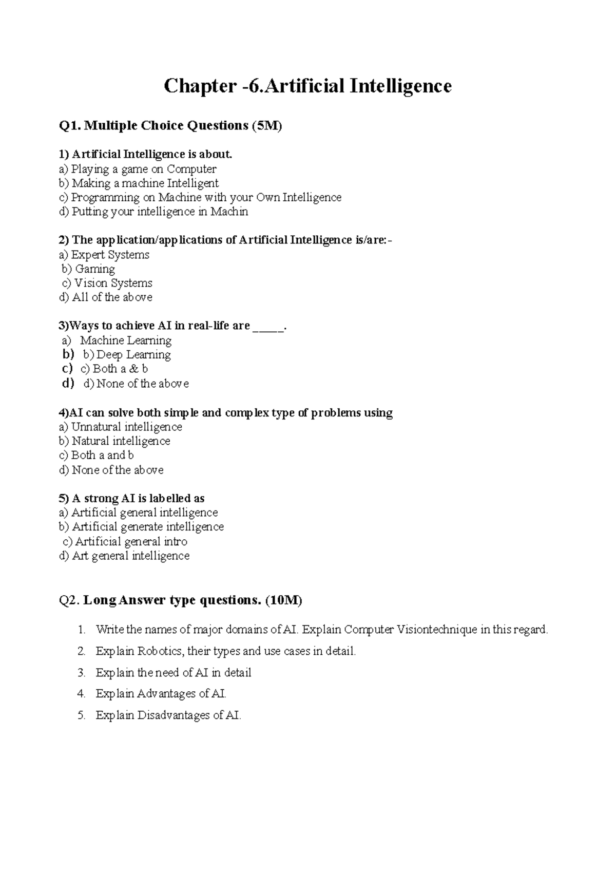 Chapter 6: Artificial Intelligence - Q1 MCQs & Long Answer Questions ...