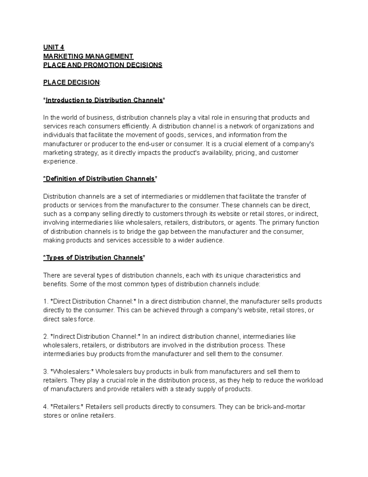 UNIT IV Marketing Management: Distribution & Promotion Strategies - Studocu