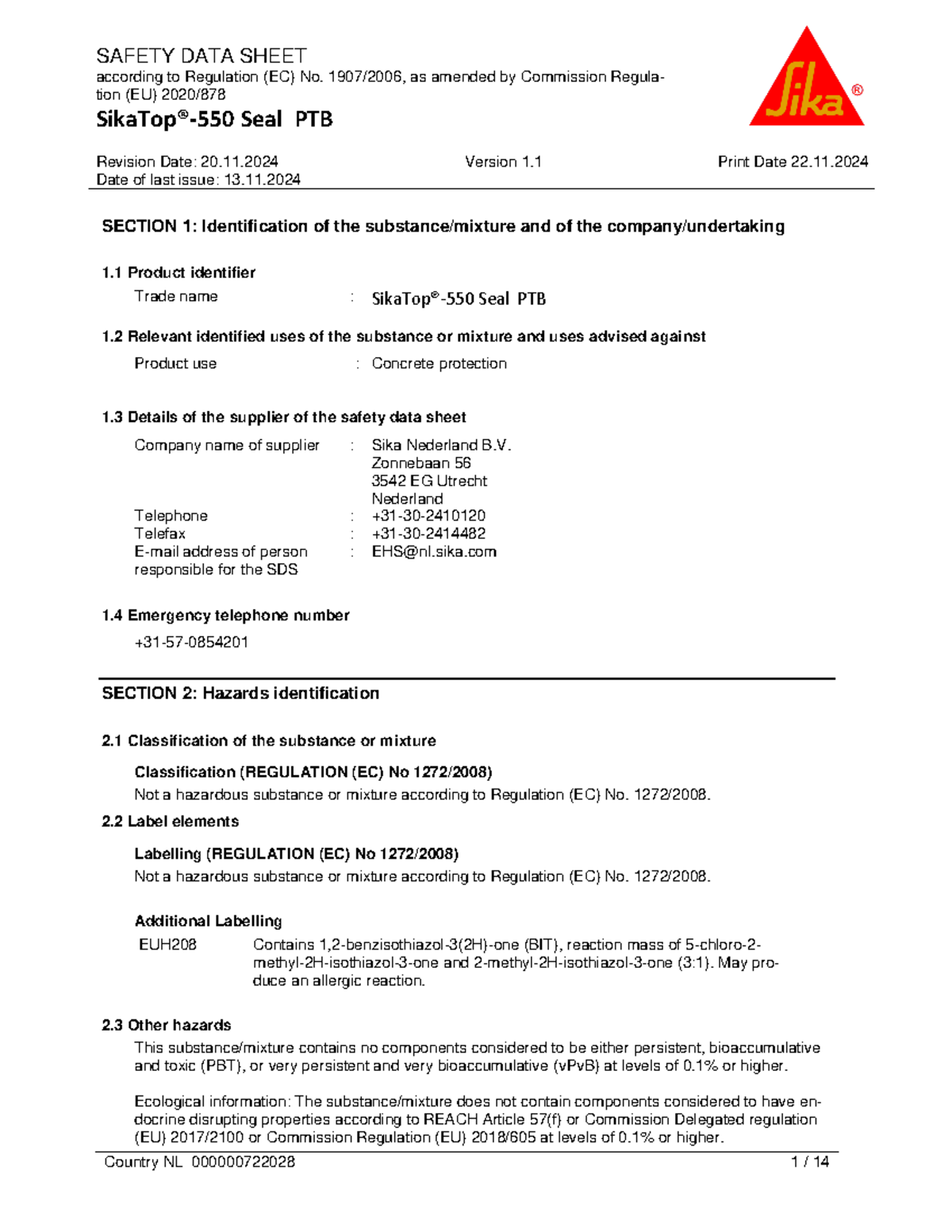 Safety Data Sheet (SDS) for SikaTop-550 PTB - Version 1.1 - Studocu