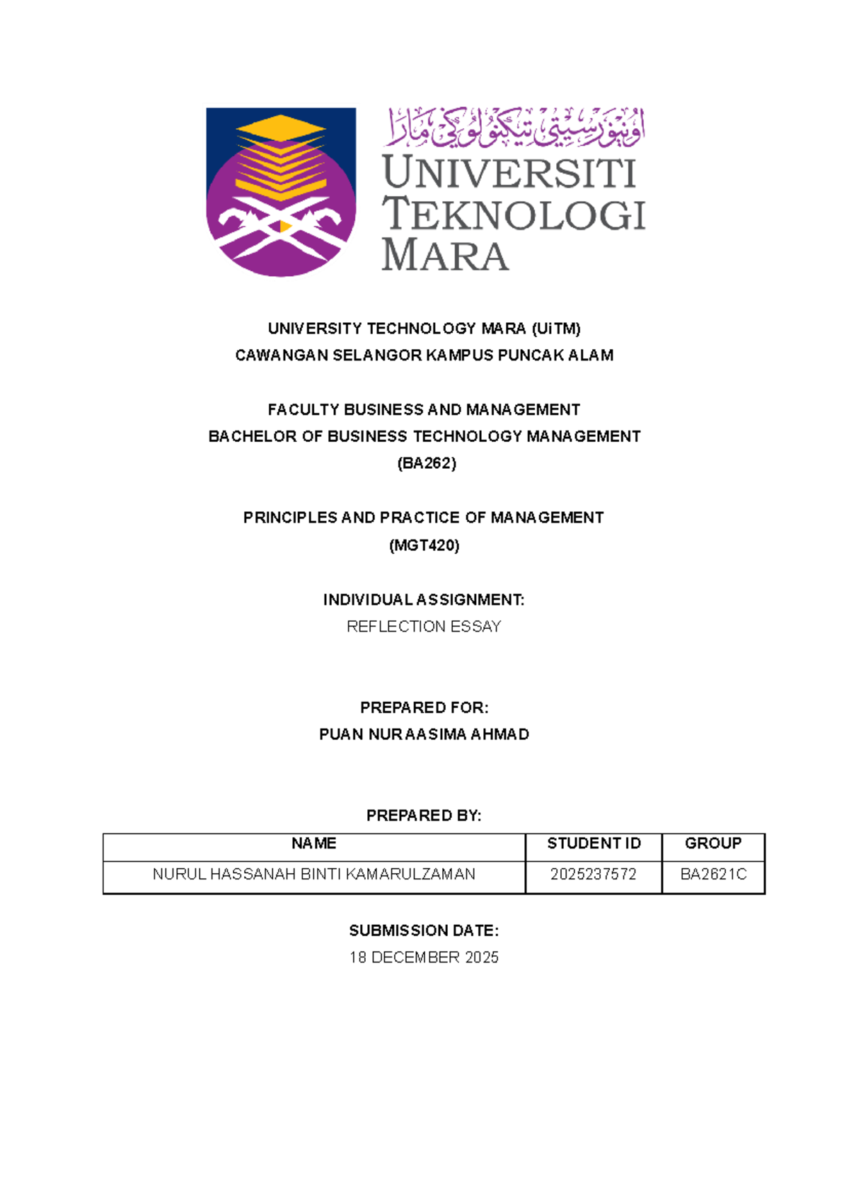 Reflection Essay on Principles and Practice of Management (MGT420 ...