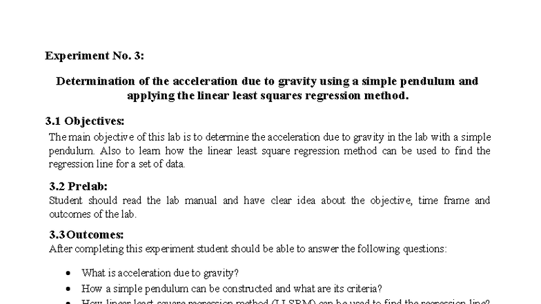 Physics 1 Lab Exp. 3: Gravity Measurement with Pendulum & LLSRM - Studocu