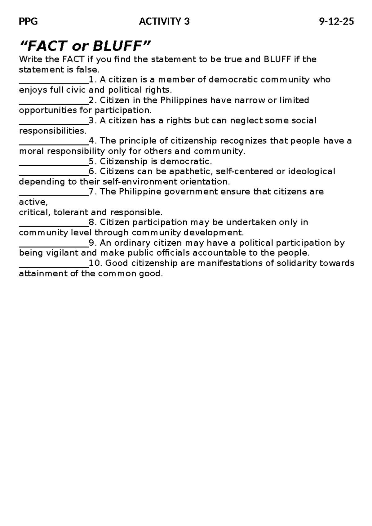 PPG ACTIVITY 3: True or False Statements on Citizenship - Studocu