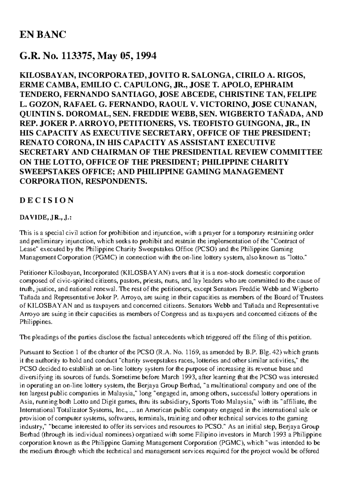 KILOSBAYAN vs. Guingona: G.R. No. 113375 Decision Analysis - Studocu