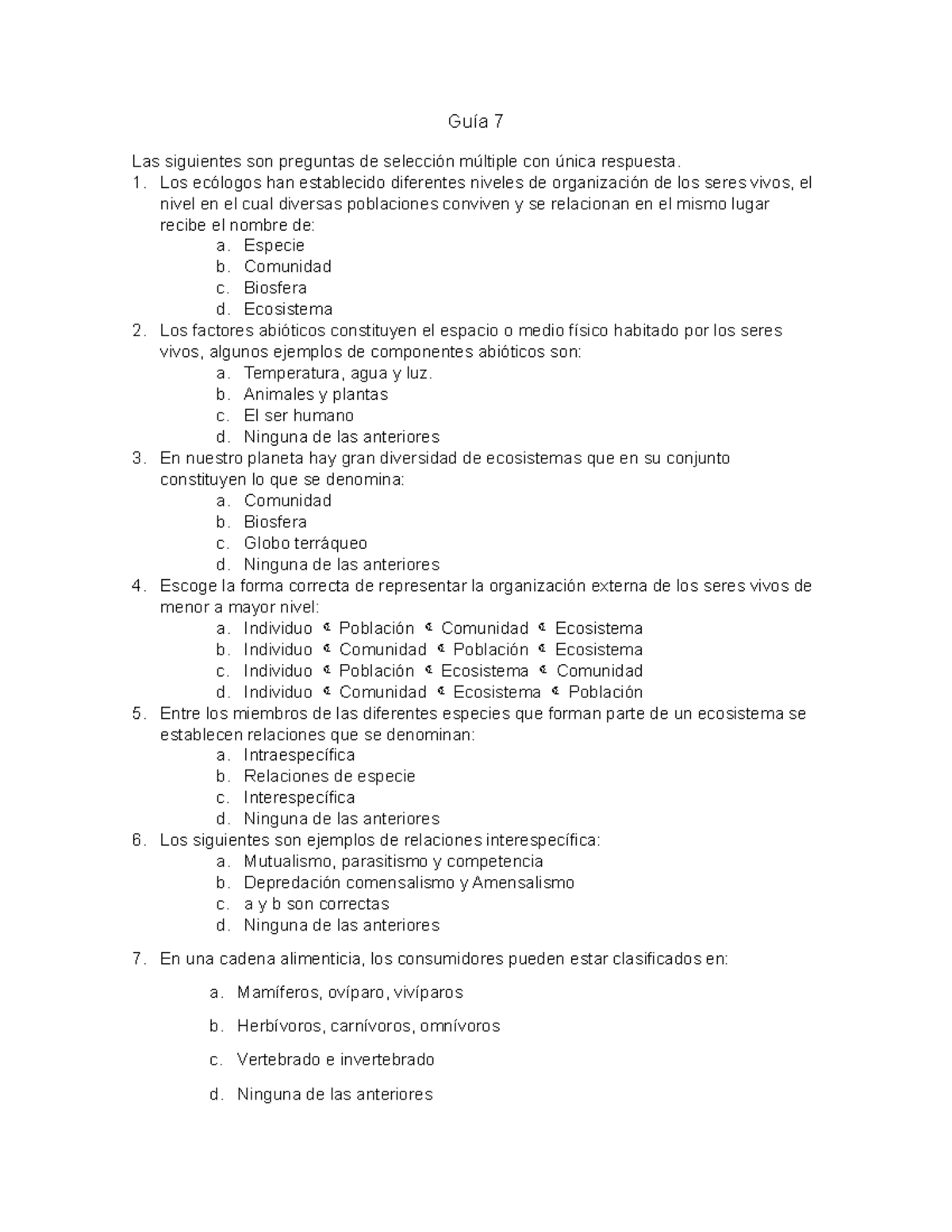 Guía 7 - actividades sobre ecosistemas - Guía 7 Las siguientes son ...