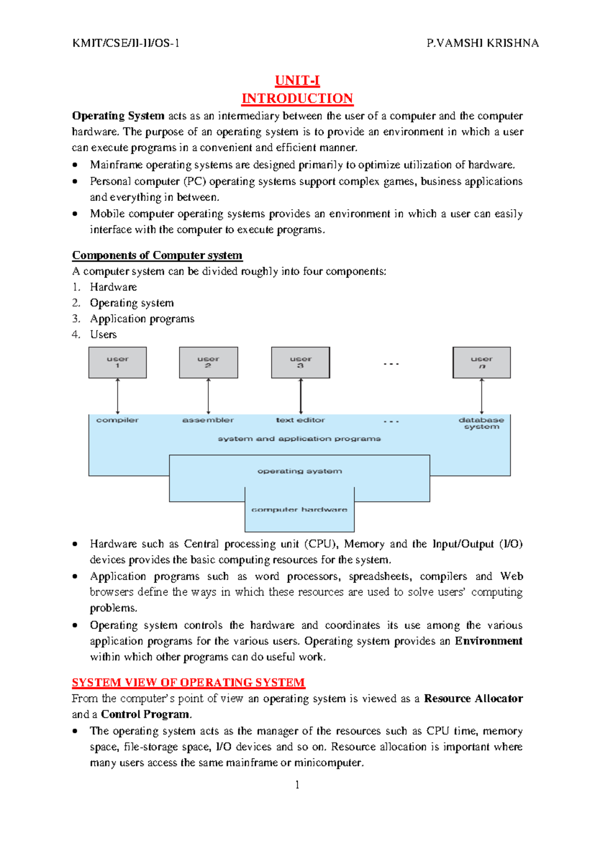 Os Unit 1 Lecture Notes 1 Unit I Introduction Operating System Acts As An Intermediary