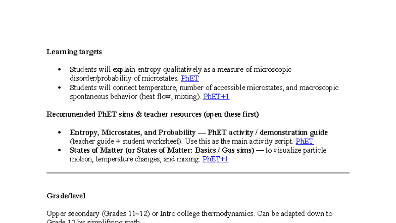 PhET Simulations: Entropy, Microstates, and Probability Activity Guide ...