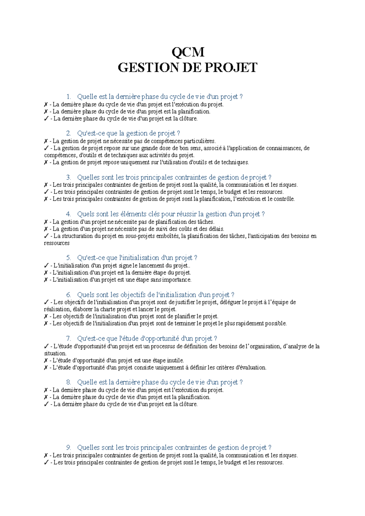 QCM Gestion de Projet - Révisions et Concepts Clés - Studocu