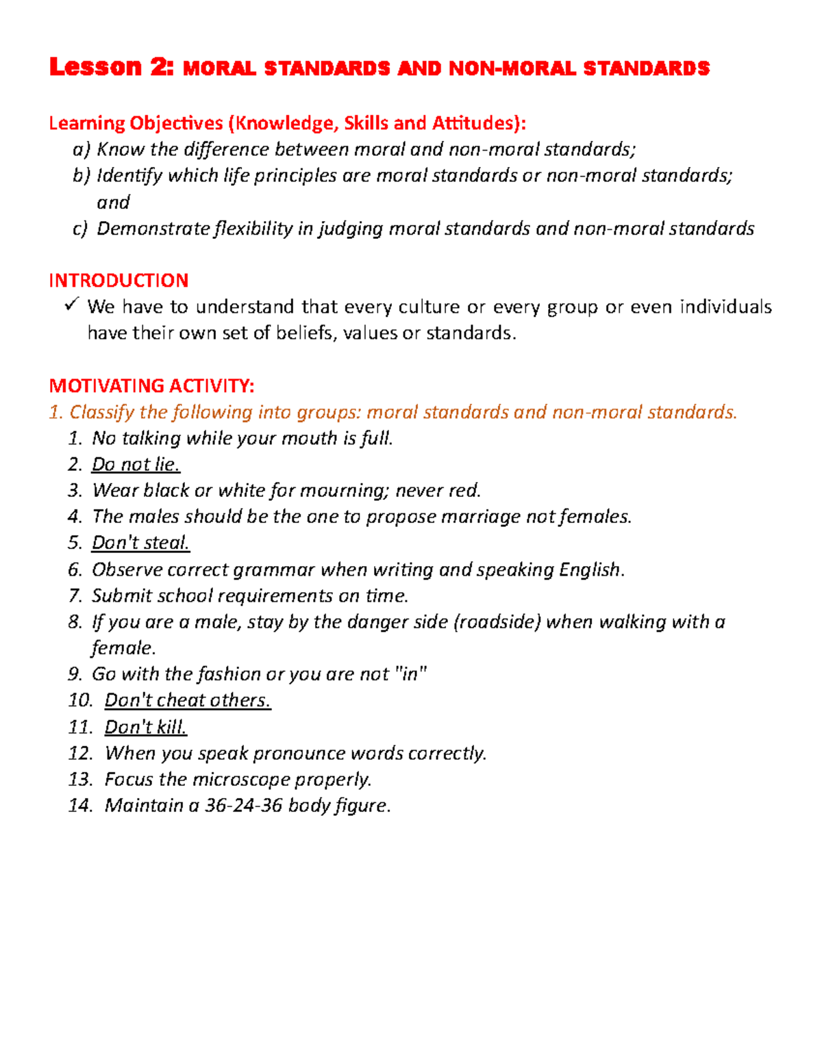 Lesson 2 Moral and Non Moral Standards - Lesson 2: MORAL STANDARDS AND ...