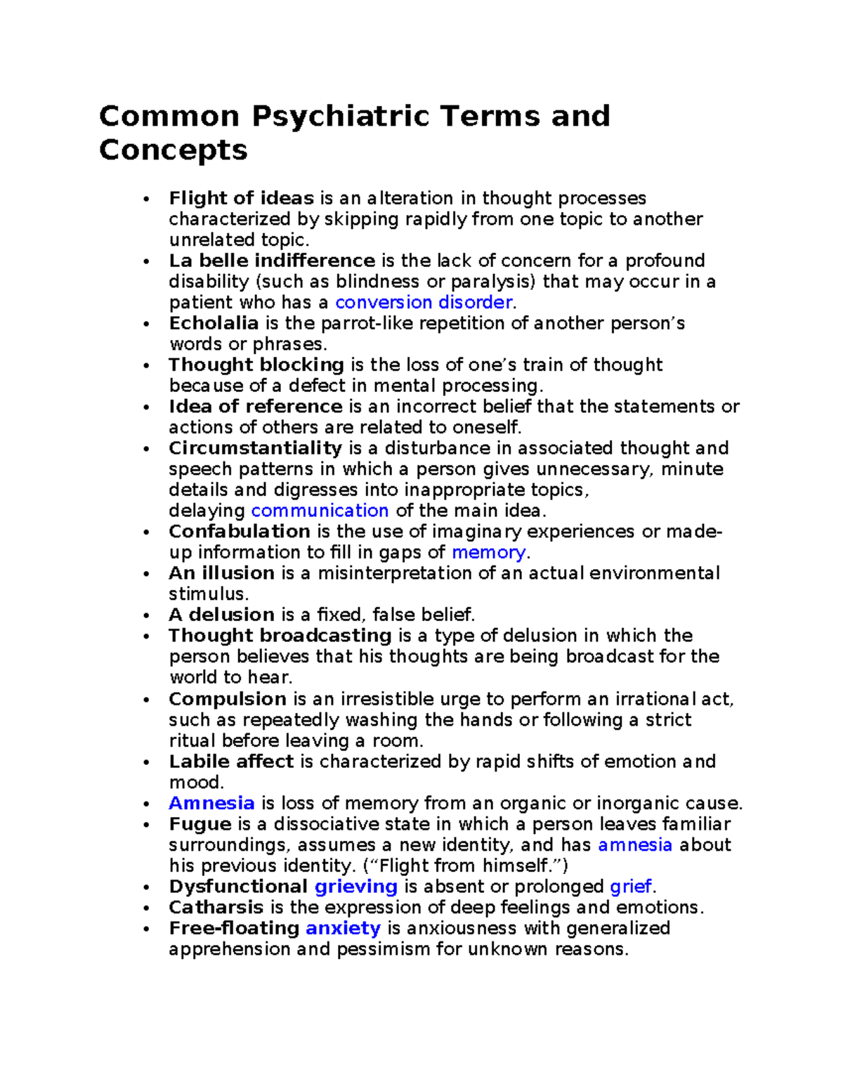 Psychiatric Terms & Concepts: Key Definitions for PSY 101 Final Exam ...