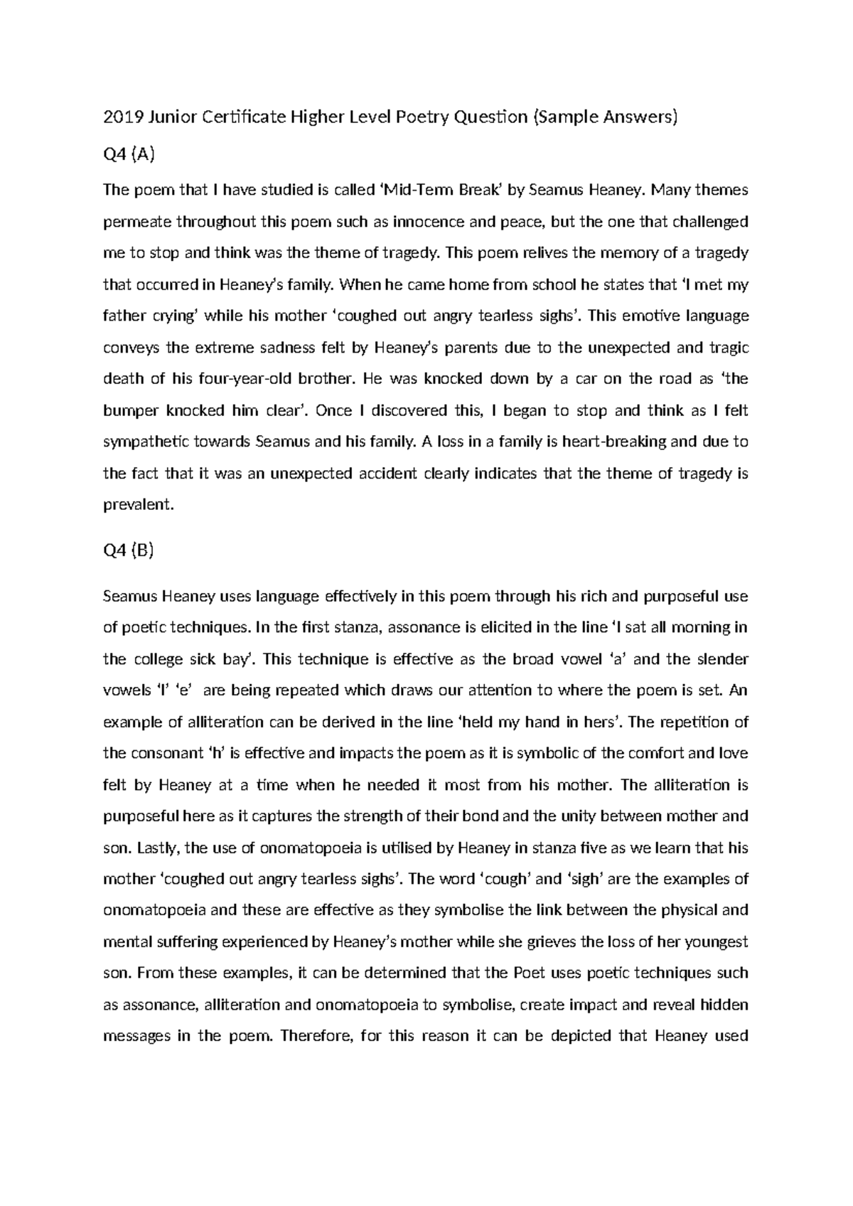 Mr. Whelan's Sample Answers: 2019 JC HL Poetry Q4 on Seamus Heaney ...