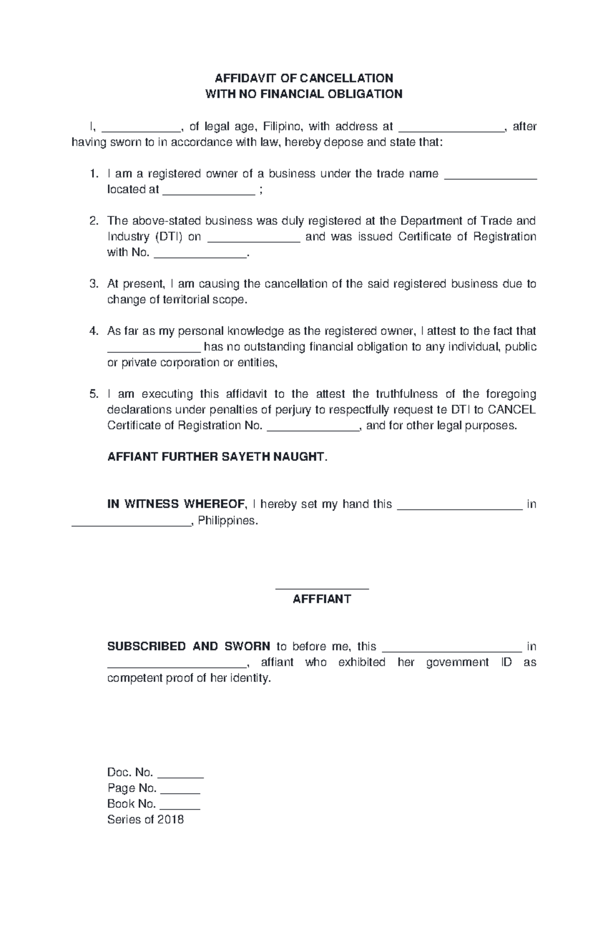 affidavit of cancellation bir - AFFIDAVIT OF CANCELLATION WITH NO ...