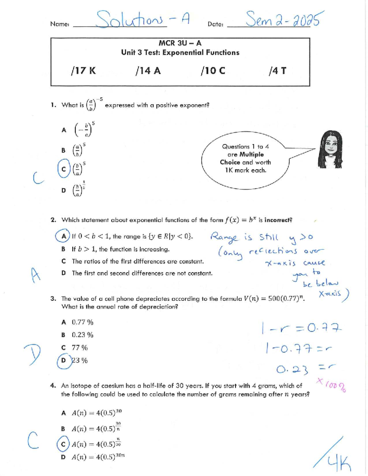 MCR 3U A Unit 3 Test Solutions: Exponential Functions - Studocu
