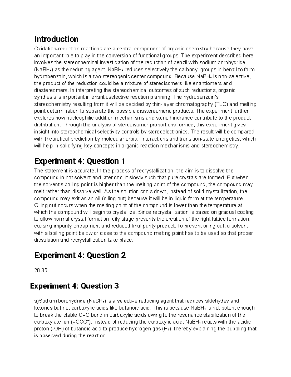 Orgo Chem 1321 Lab 4: Stereochemical Investigation of Benzil Reduction ...