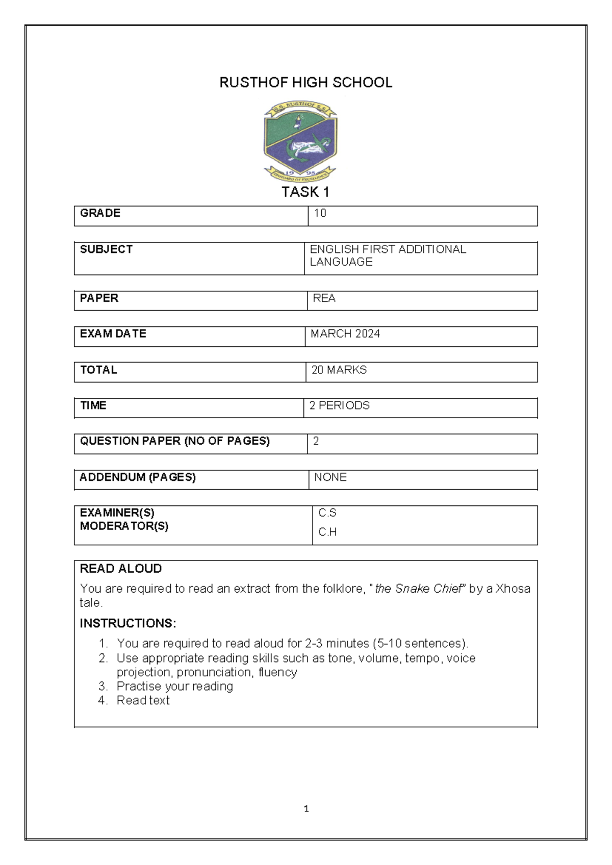 Grade 9 FAL Task1 - test - RUSTHOF HIGH SCHOOL TASK 1 GRADE 10 SUBJECT ...