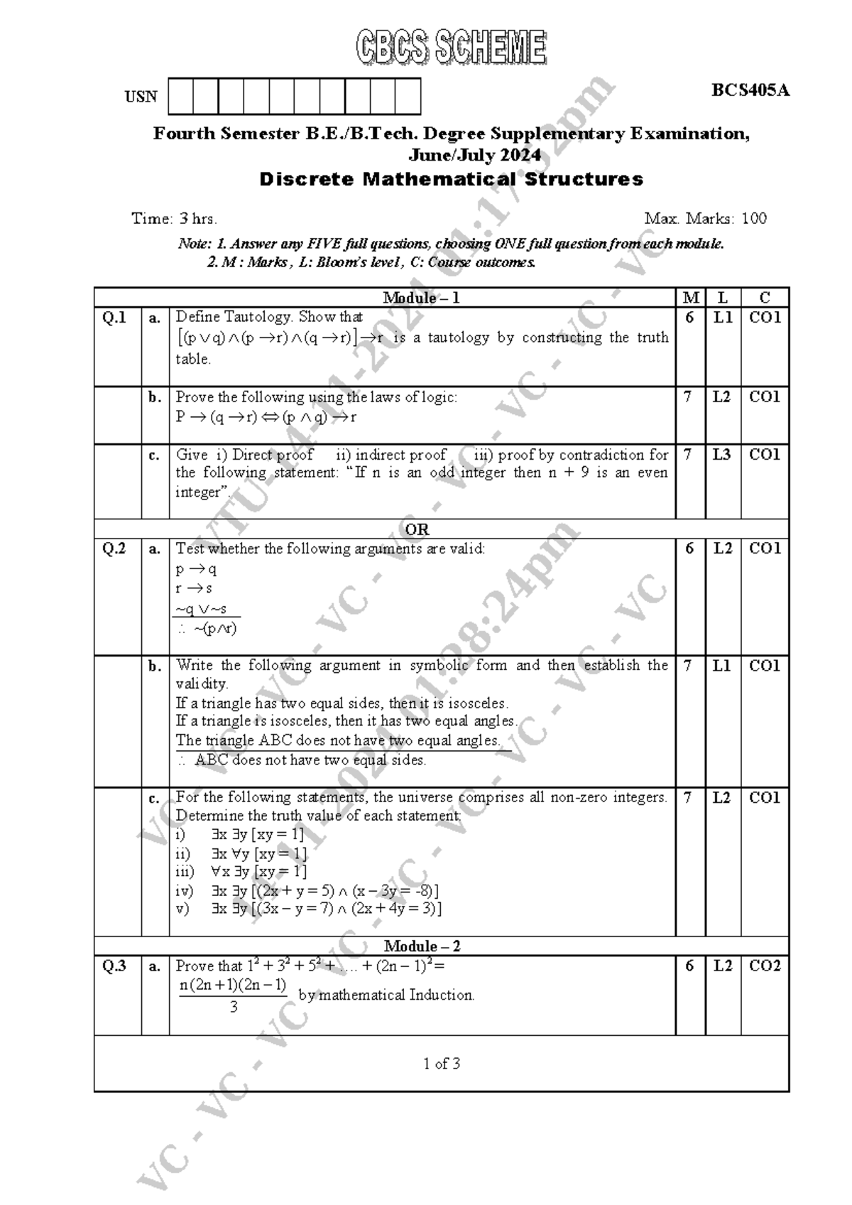 BCS405A Fourth Semester Supplementary Exam: Discrete Math Structures ...