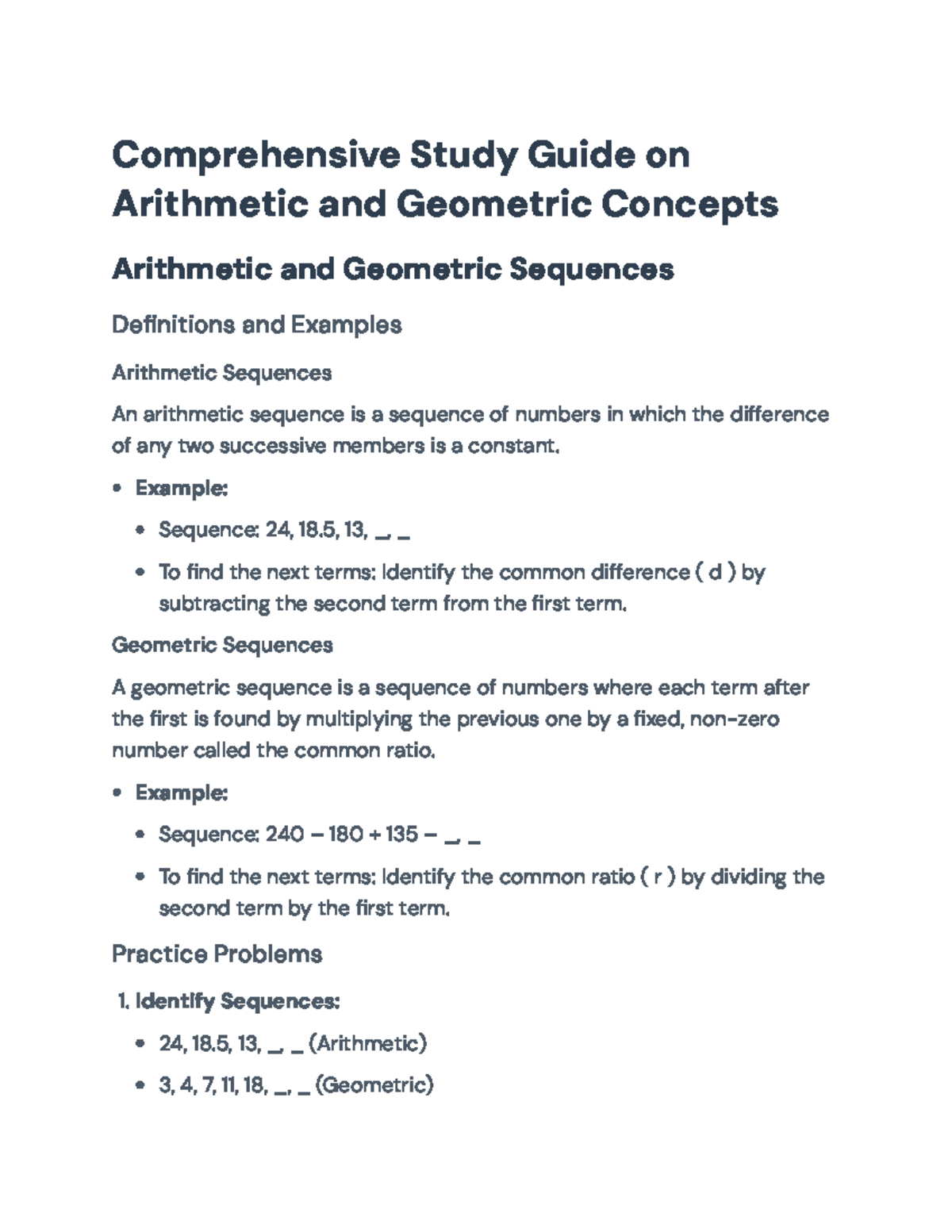 Comprehensive Study Guide on Arithmetic and Geometric Sequences ...