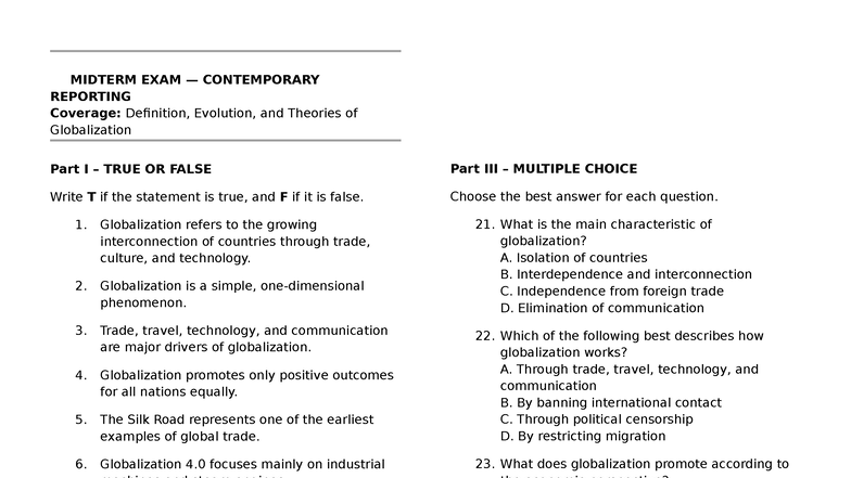 GEN ED 3 MIDTERM PRACTICE EXAM: GLOBALIZATION AND CULTURE - Studocu