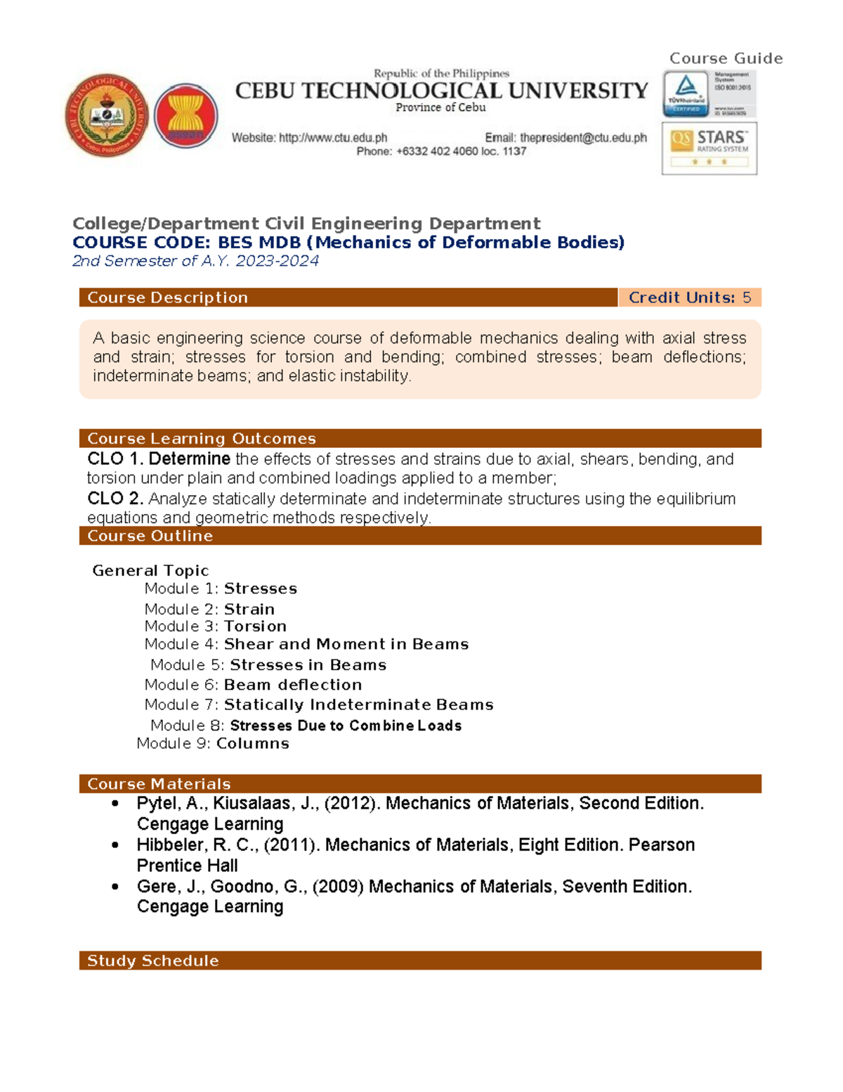 BES MDB Course Guide: Mechanics of Deformable Bodies Overview - Studocu