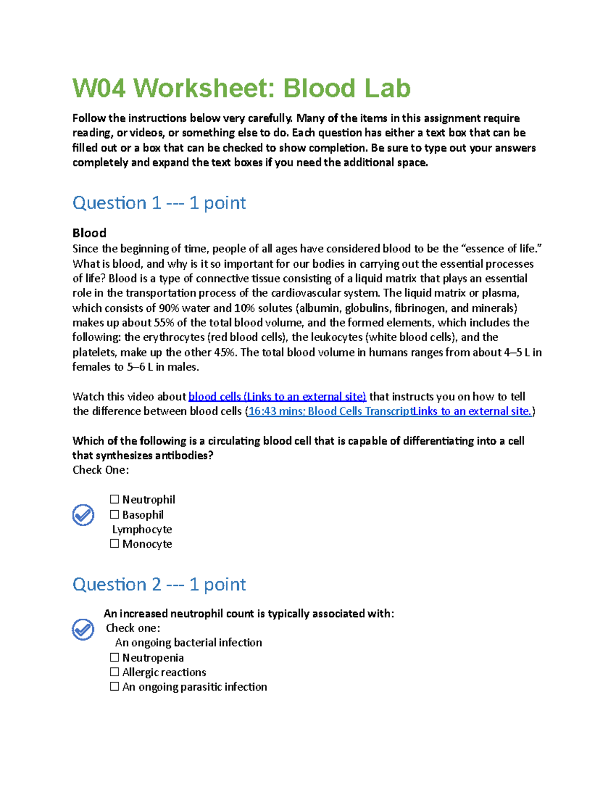 Bio265L - W04 Blood Lab Worksheet: Understanding Blood Components - Studocu
