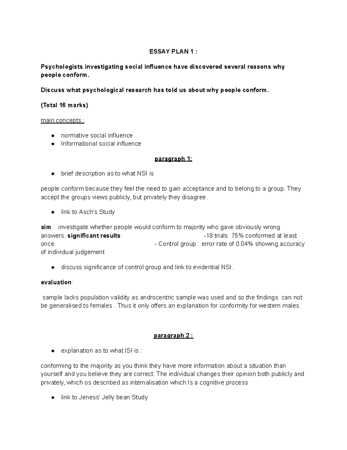 Essay Plans: Psych 101 - Social Influence and Conformity Studies - Studocu