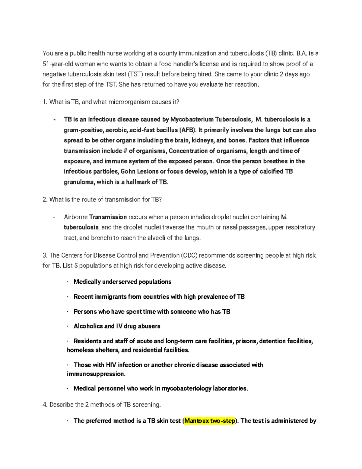 TB Case Study: Immunization Clinic Assessment & Management Answers ...