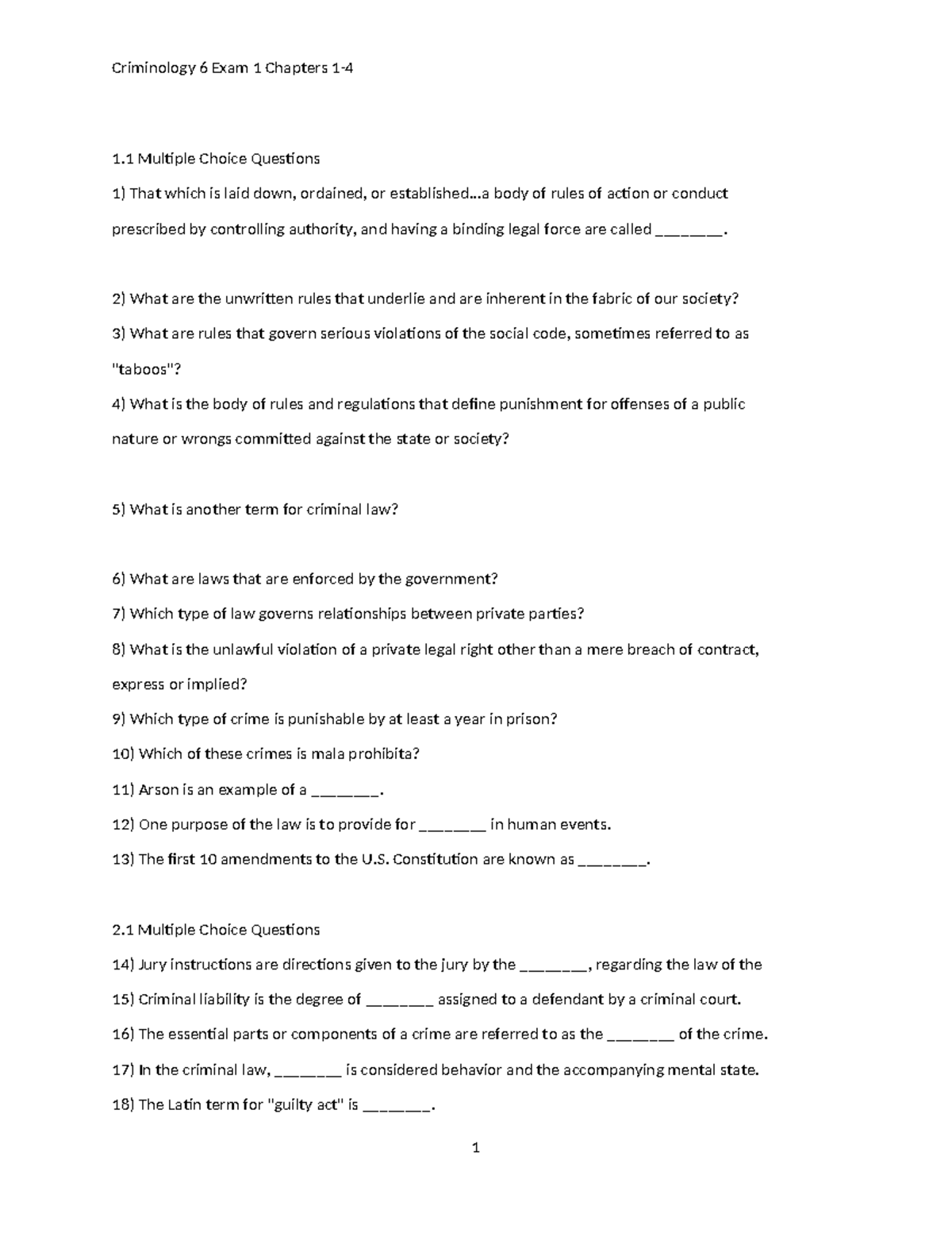 Criminology 6 Exam 1: Chapters 1-4 Multiple Choice Questions - 1 Multiple Choice Questions That ...