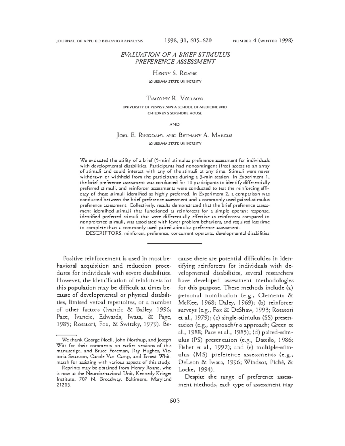 Evaluation of a Brief Free-Operant Preference Assessment for ...