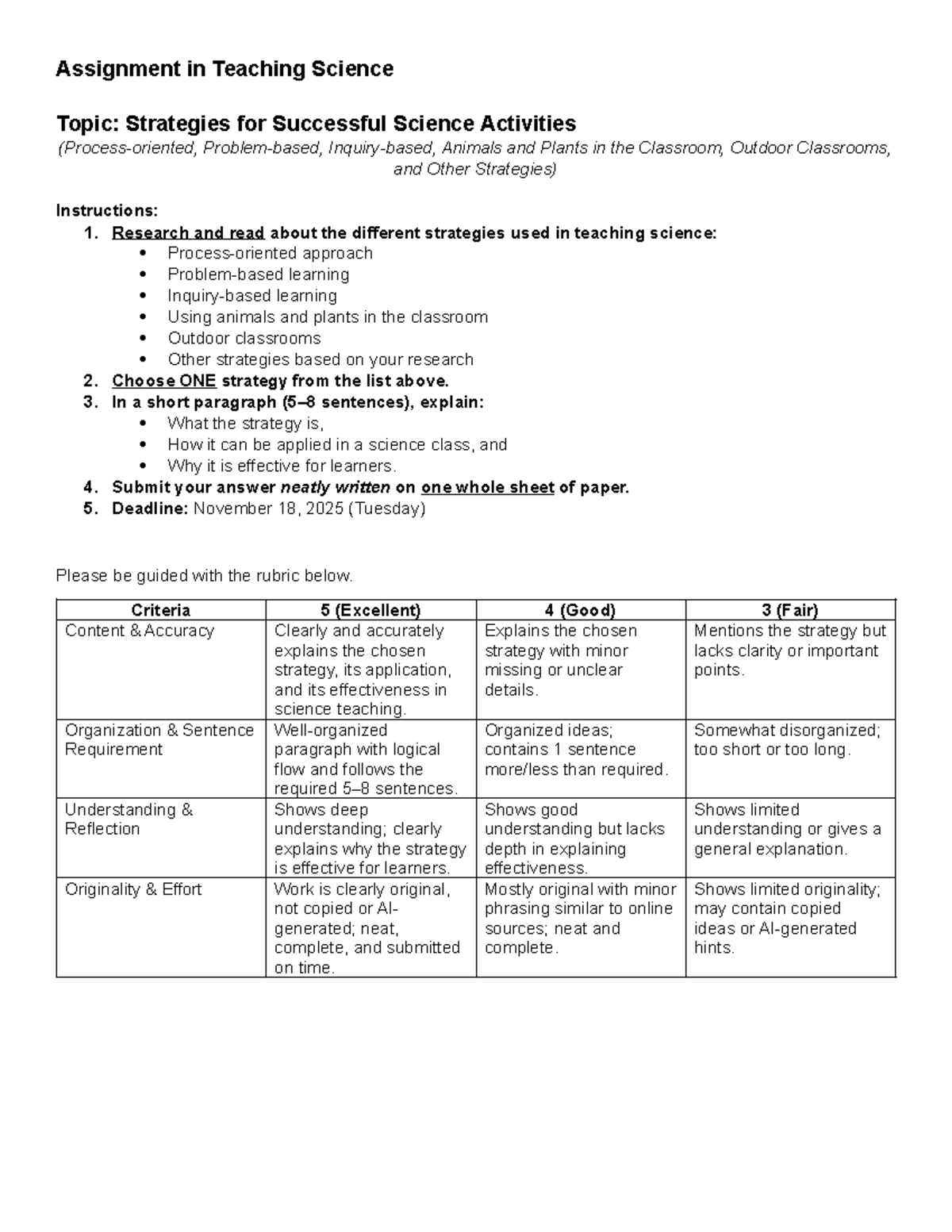 Teaching Science Assignment: Strategies for Engaging Activities (Nov ...