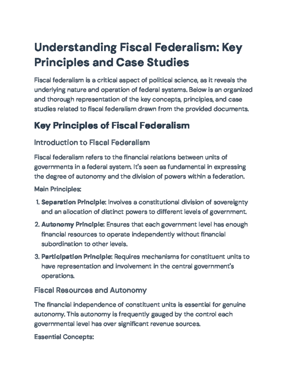 Understanding Fiscal Federalism: Principles and Case Studies - Below is ...