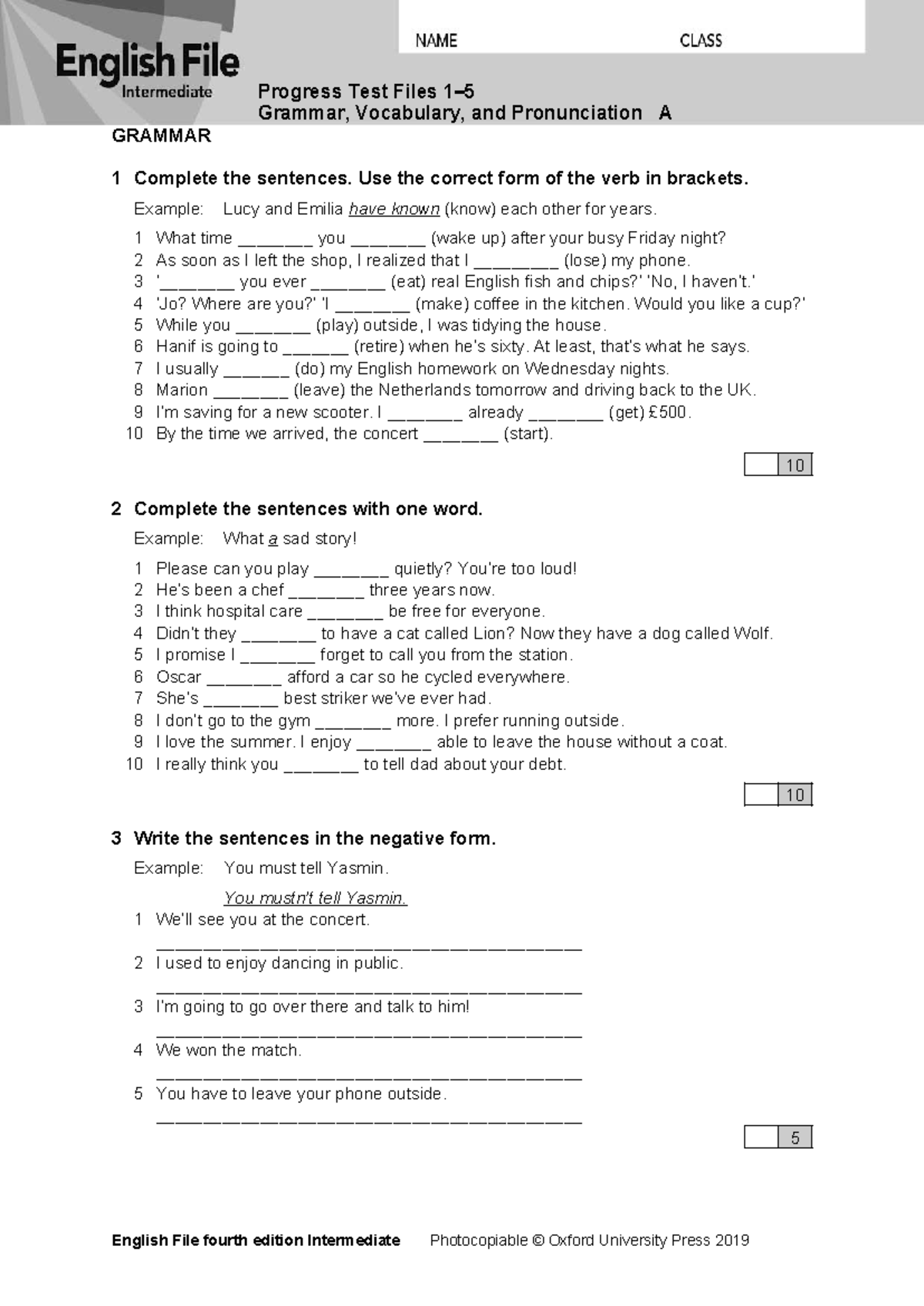 English File Intermediate Progress Test: Grammar, Vocabulary ...