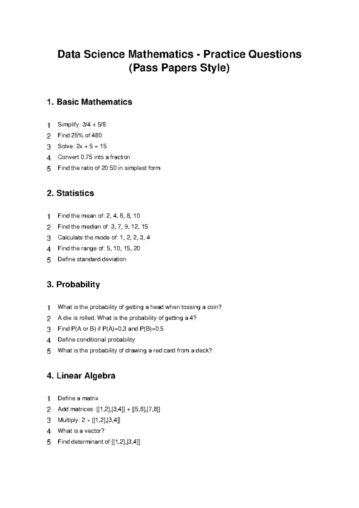 Data Science Mathematics Practice Questions (Pass Papers) - Studocu