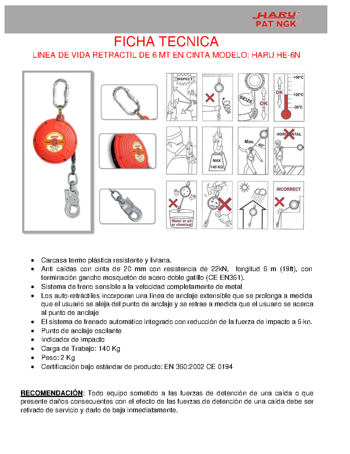 SRL-HE-6N - Ficha Técnica de Línea de Vida Retráctil 6M Cinta - Studocu