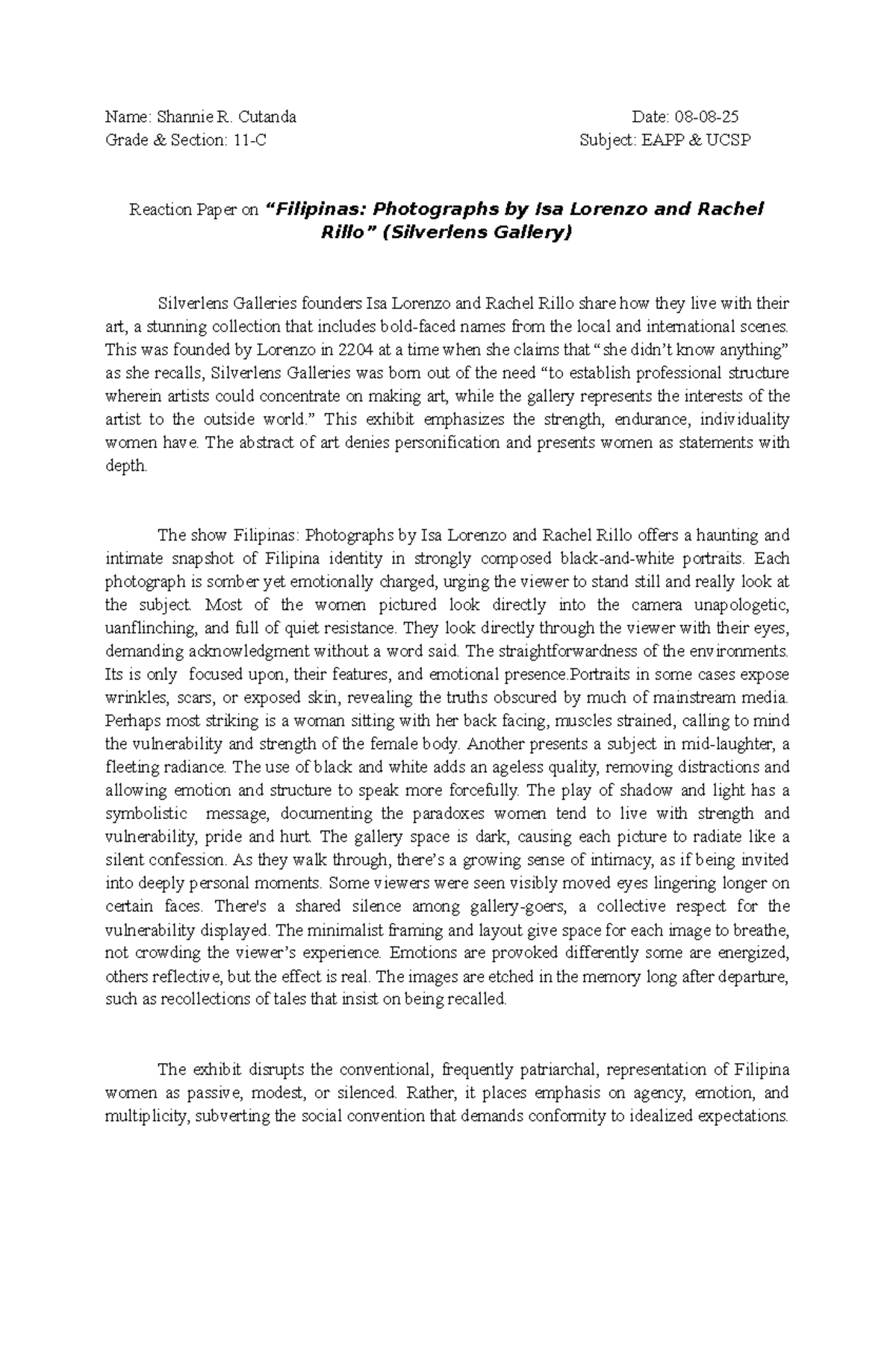 EAPP UCSP Reaction Paper: Exploring Filipina Identity in Photography ...