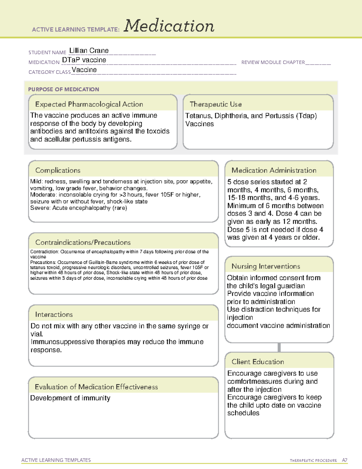 DTaP Vaccine Active Learning Template and Review Notes - Studocu