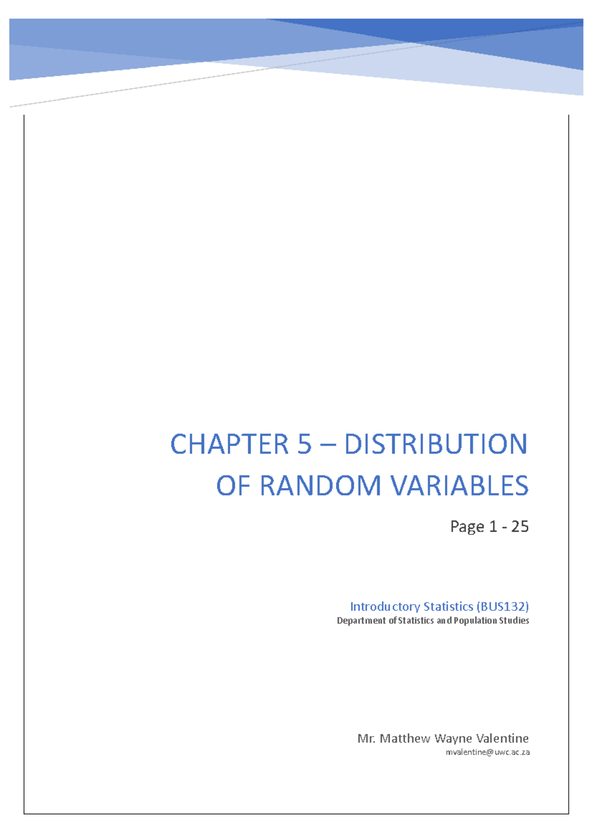 Chapter 5: Distribution of Random Variables in BUS132 Statistics - Studocu