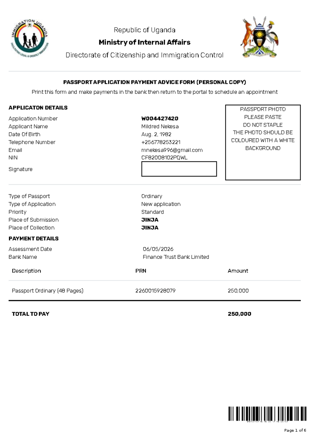 Passport Application Payment Advice Form - Uganda (Personal Copy) - Studocu