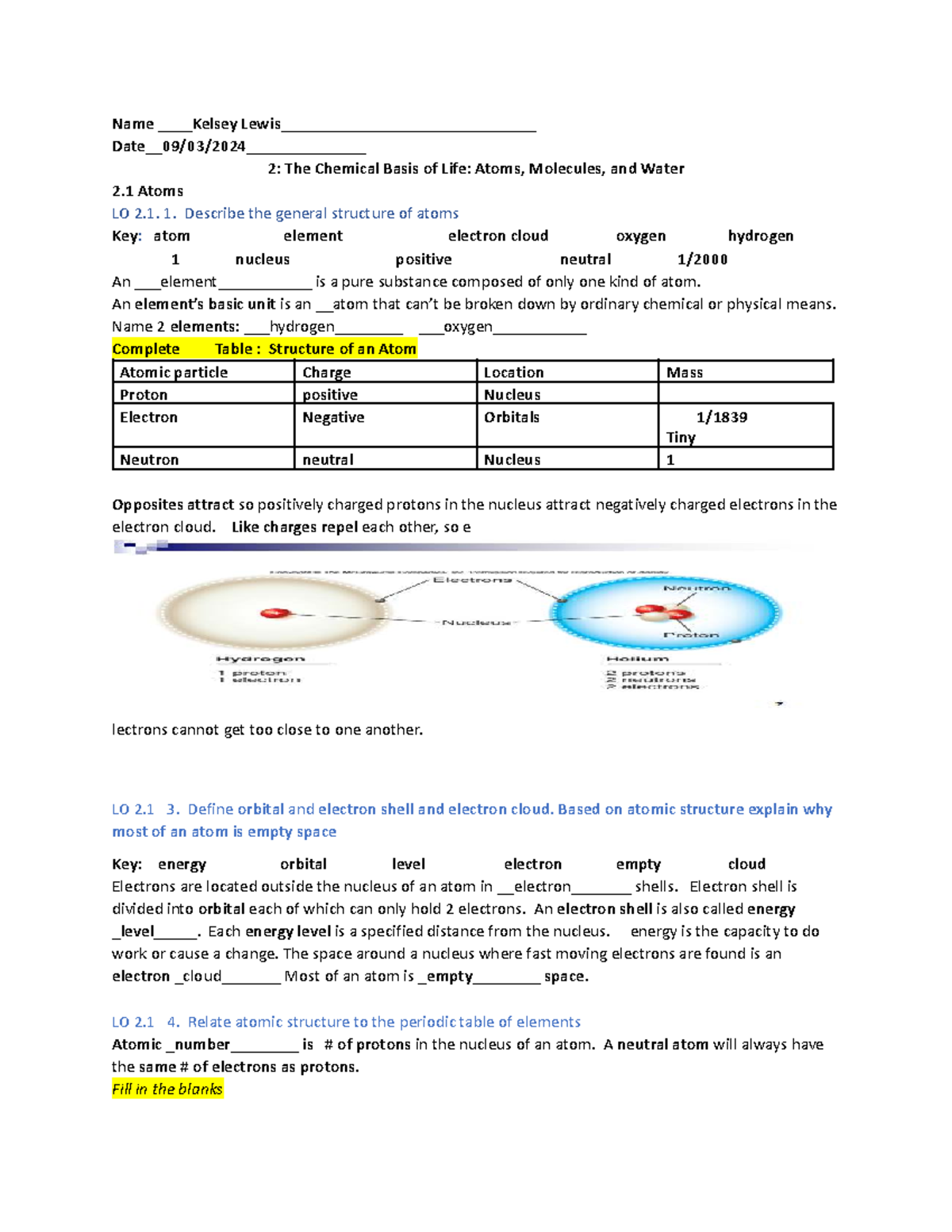Guide 2: Chemical Basis of Life - Atoms, Molecules, and Water ...