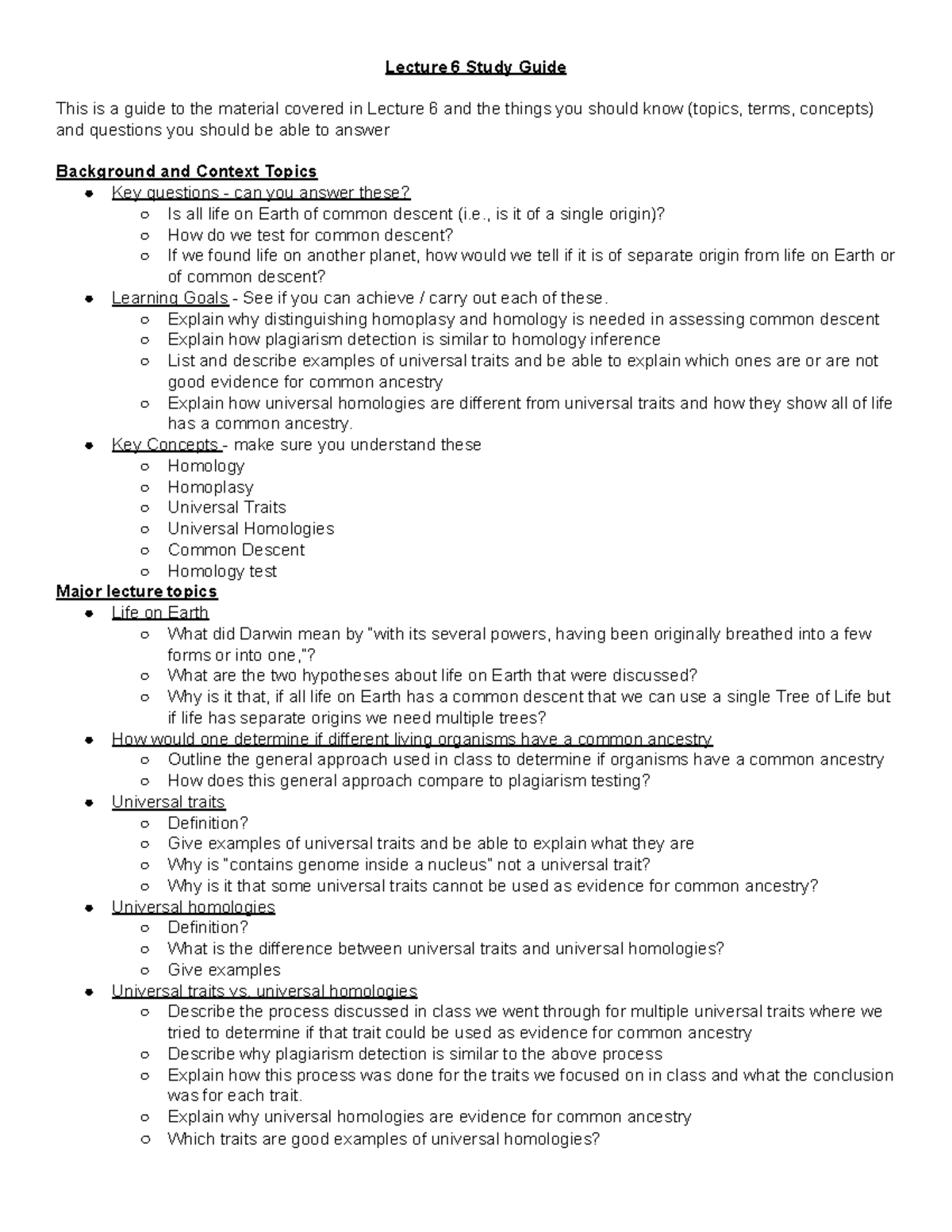 Lecture Study Guide for Biology: Common Descent & Tree of Life ...