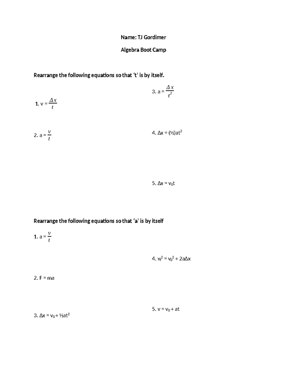 Copy of algebra boot camp - Name: TJ Gordimer Algebra Boot Camp ...
