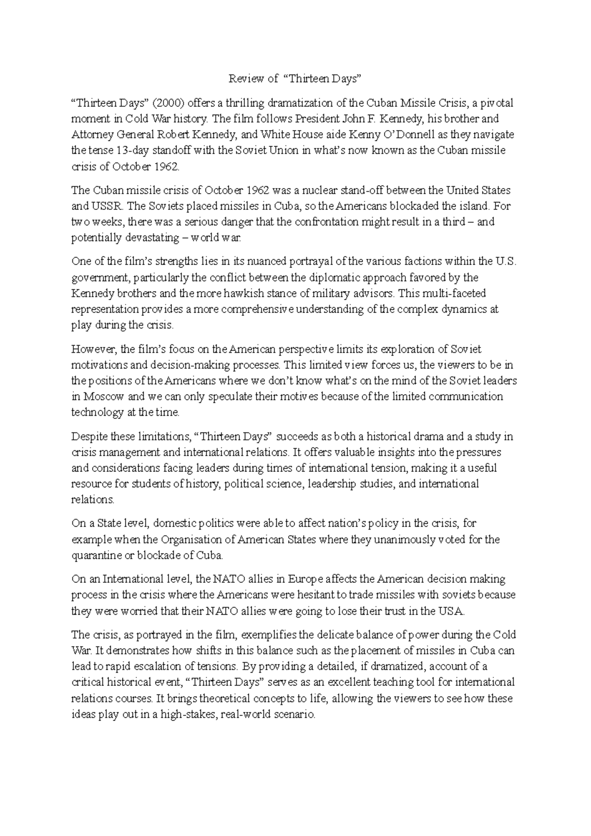 Review of thirteen days: A dramatization of the Cuban missile crisis ...