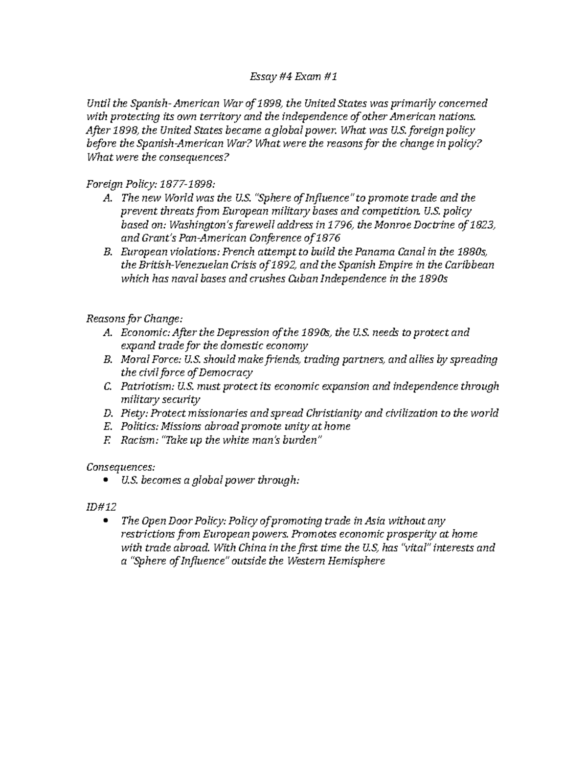Test 1 Notes - Essay #4 Exam # Until the Spanish- American War of 1898 ...