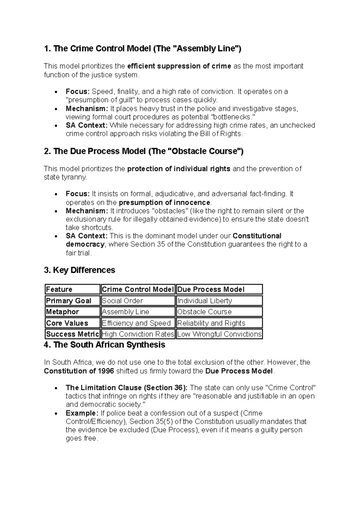 Due Process vs. Crime Control Model: A South African Perspective - Studocu