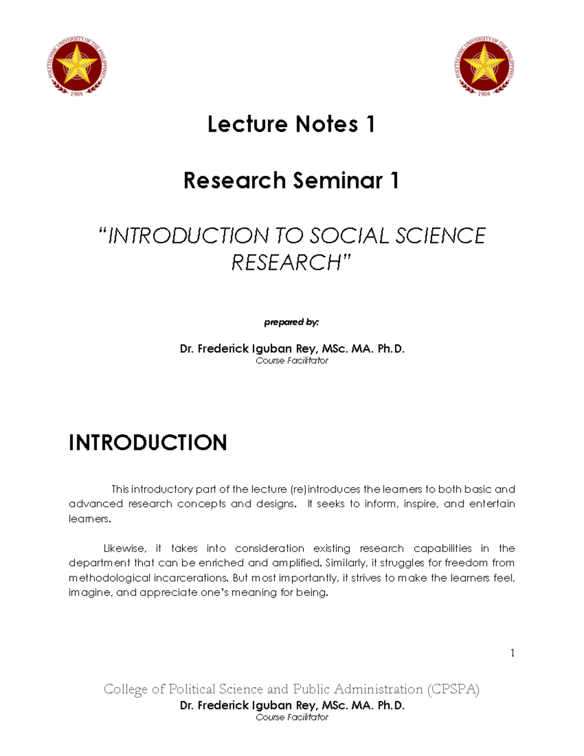 Lecture Notes 1: Intro to Social Science Research (CPSPA) - Studocu
