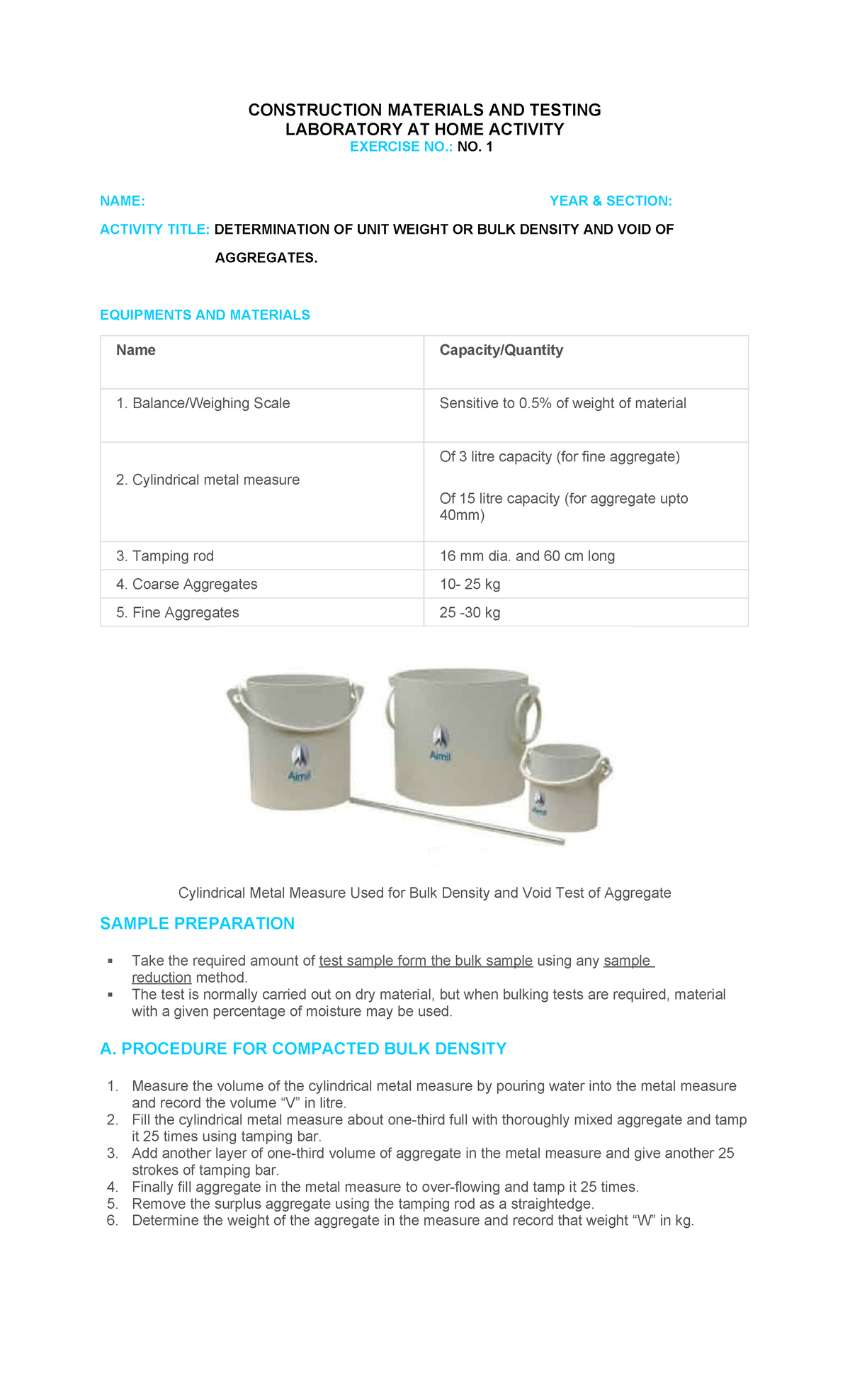 Construction Materials AND Testing- Exercises NO. 1 - CONSTRUCTION ...