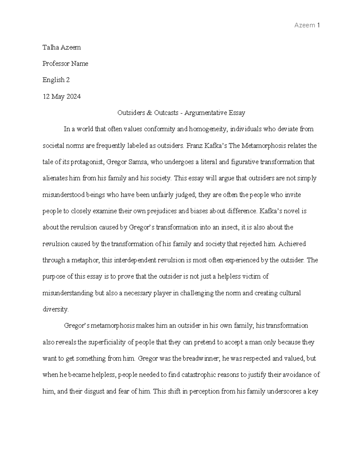 ENG 2 - Outsiders & Outcasts: Argumentative Essay on Kafka's ...