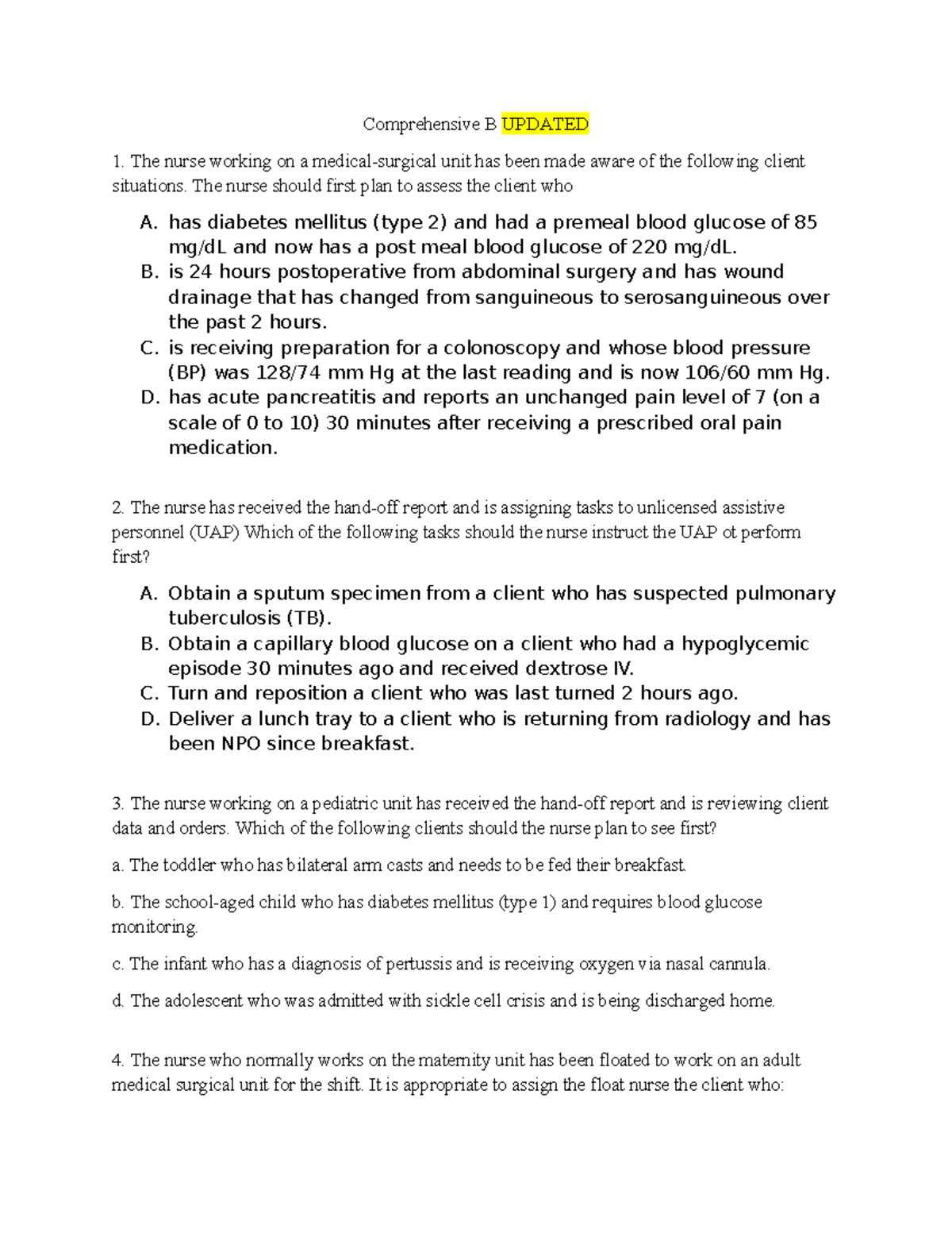 Comprehensive B 2 - Practice Questions for Nursing Assessment - Studocu
