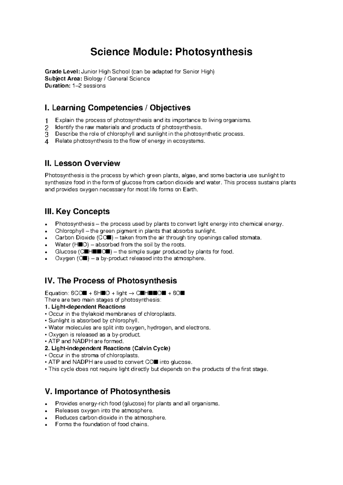Biology Module: Photosynthesis Overview for Junior High School - Studocu