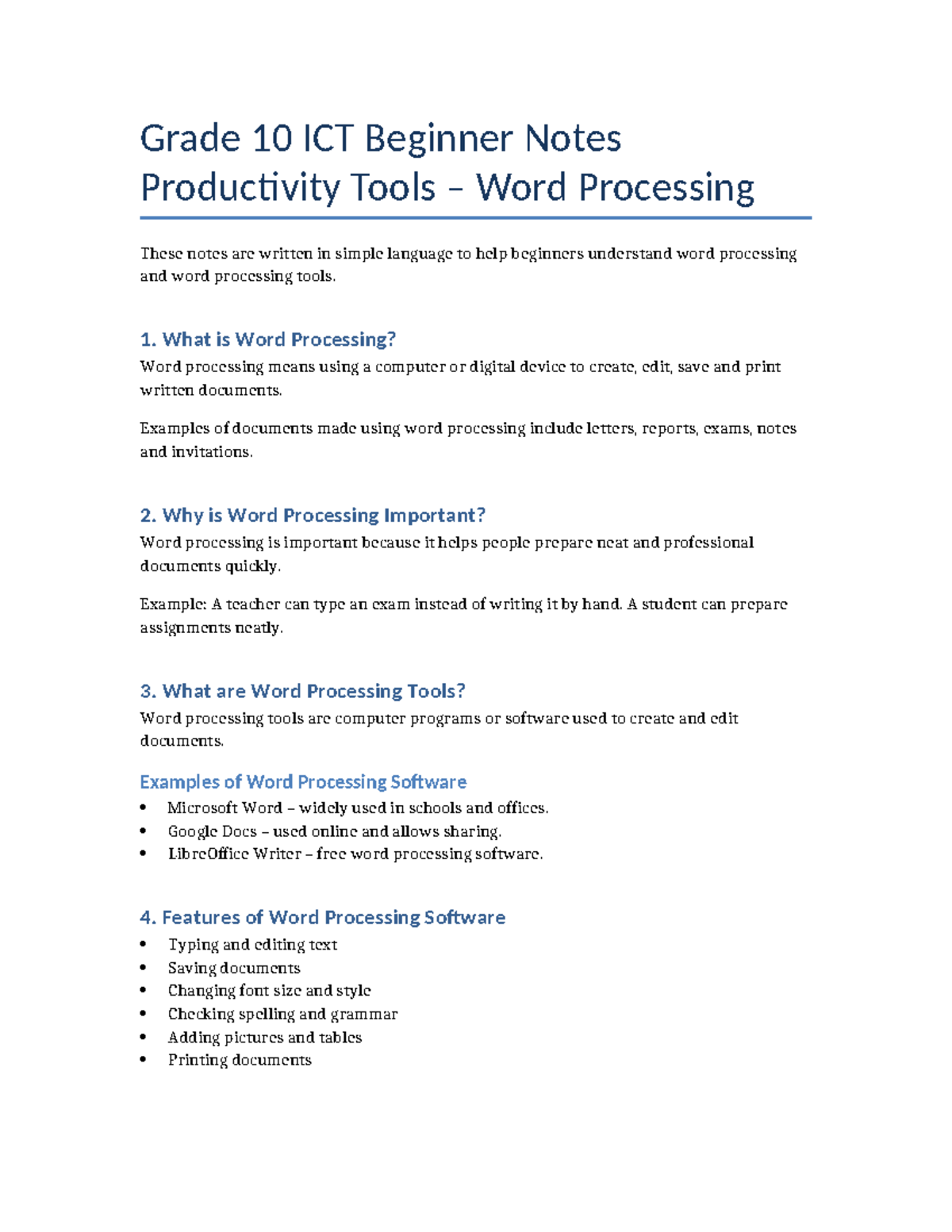Grade 10 ICT Beginner Notes: Intro to Word Processing Tools - Studocu