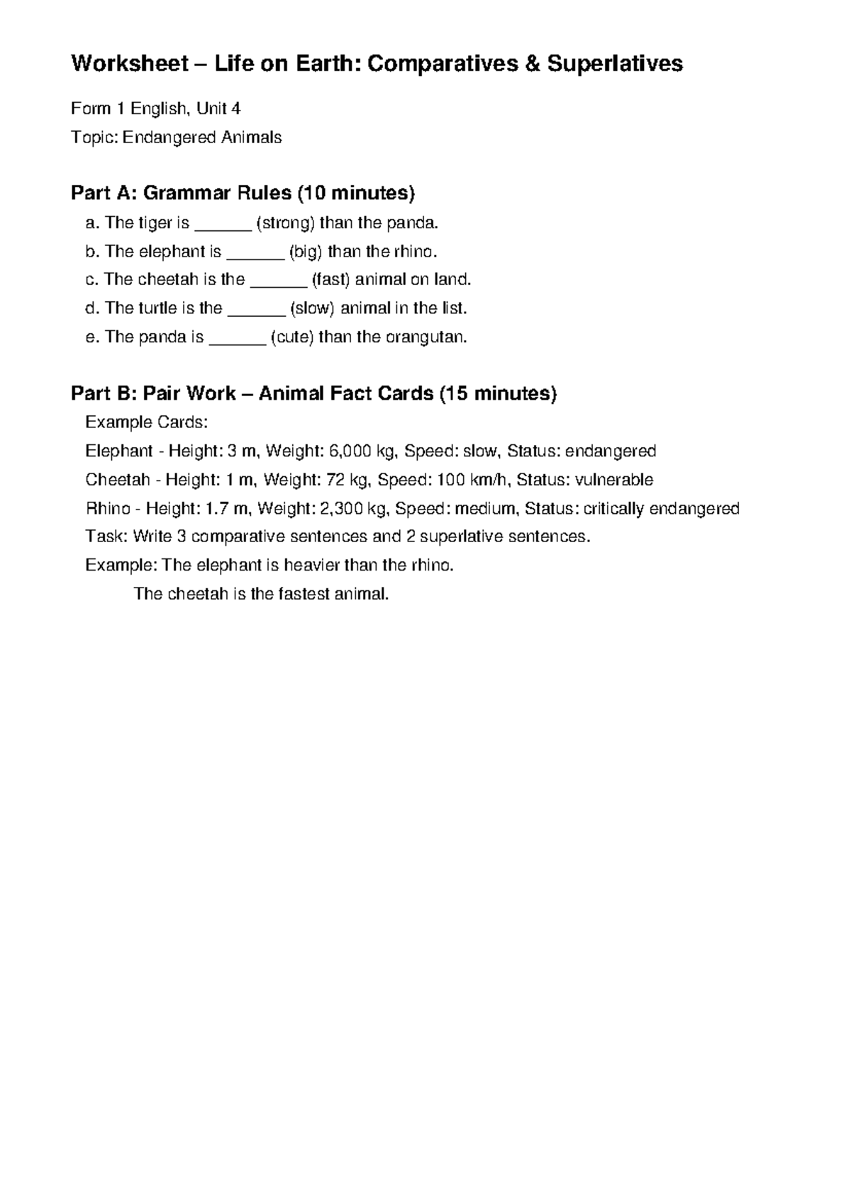 Comparatives & Superlatives Worksheet: Endangered Animals - Form 1 ...